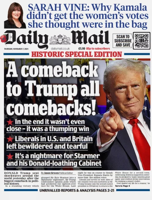 DAILY MAIL NEWSPAPER (UK) - 7th November 2024 - Donald Trump Wins US ...