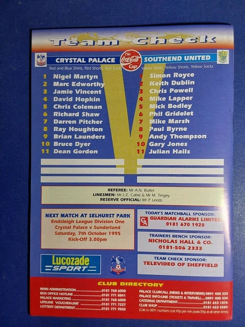 COCA COLA CUP Crystal Palace v Southend United 3rd October 1995 ...