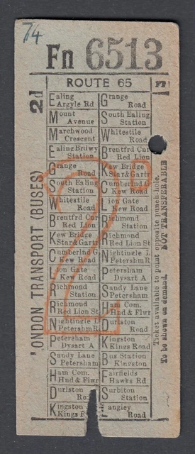 OLD TICKET LONDON Transport Buses Bus 2d Route 65 Ealing Argyle Road £1 ...