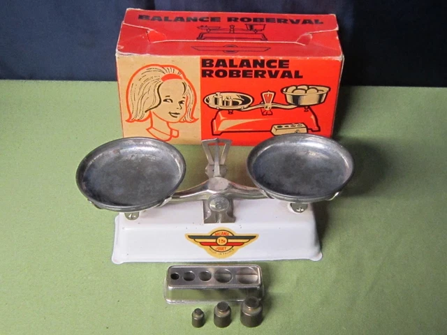 JOUET ANCIEN BALANCE tôle ROBERVAL outil de pesage avec 3 poids enfant ...