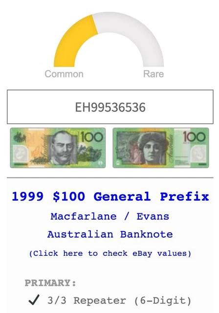 1999 AUSTRALIAN BANKNOTE $100 general prefix Macfarlane/Evans $135.00 ...