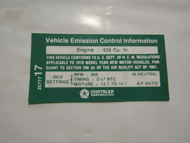 1970 DODGE CHARGER CHALLENGER CORONET SUPER BEE 426 2x4 A/T EMISSIONS ...