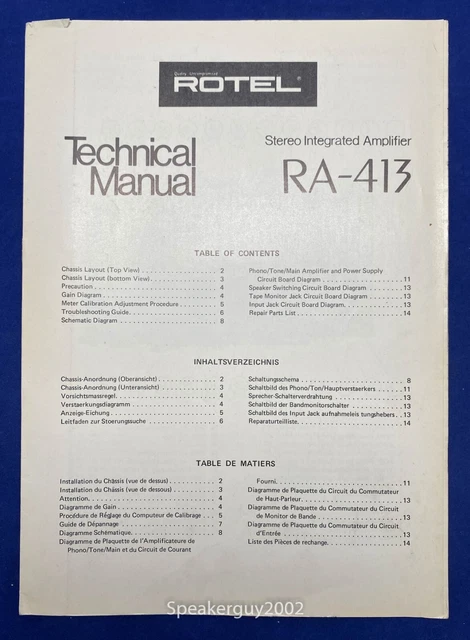 ORIGINAL ROTEL RA-413 Stereo Integrated Amplifier Technical Manual £16.45 - PicClick UK