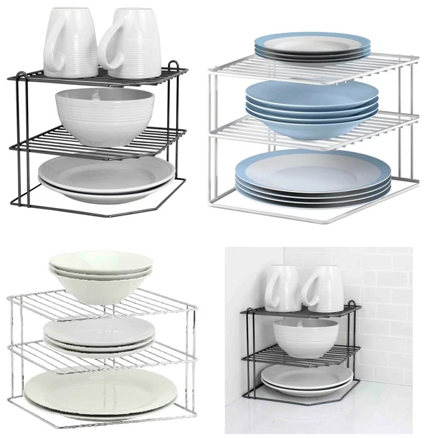 LAMINATED METAL WIRE 3 Tier Corner Plate Stand Rack Kitchen Cupboard ...
