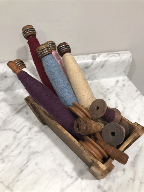VINTAGE INDUSTRIAL TEXTILE Mill Wooden Spools-6 + Other Spools Bobbin ...