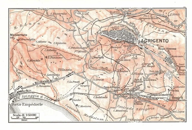 CARTA GEOGRAFICA ANTICA AGRIGENTO pianta della città del TCI 1940 ...