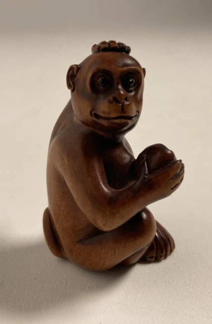 VINTAGE ANTIQUE JAPANESE Netsuke Monkey Hand Carved Boxwood -Fine ...