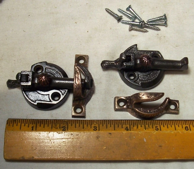 ANTIQUE WINDOW LOCK Pair Cast Iron Brass Sash Vtg Date 1878-79 Hardware ...