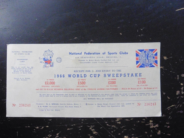 1966 SWEEPSTAKE LOTTERY Ticket World Cup Willie Logo Bristol Rovers ...