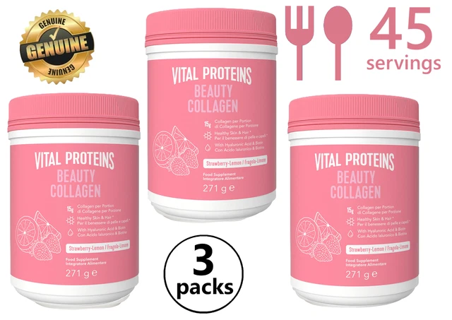 3X VITAL PROTEINS Beauty Collagen Powder Strawberry Lemon Flavour Tub ...