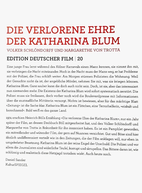 DIE VERLORENE EHRE der Katharina Blum - Arthaus DVD - German version £9 ...
