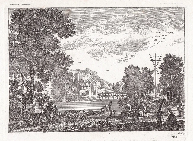 RIVER LANDSCAPE BOAT landscape engraving engraving engraving pearl 1700 ...