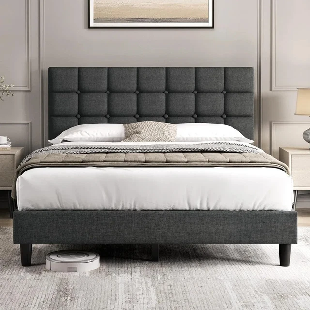 PLUSH DIVAN BED SET WOODEN SLATS -ADJUSTABLE HEADBOARD Modern DARK GREY ...
