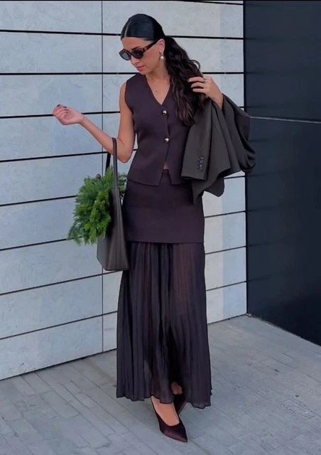 ZARA NEW WOMAN Combined Pleated Knit Skirt And Matching Top Set Brown ...