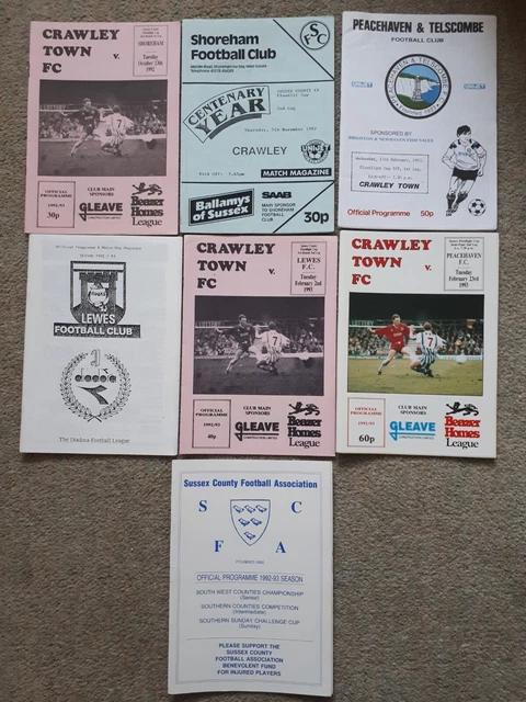CRAWLEY TOWN (7 programmes - Sussex County Floodlight Cup) 1992/93 £3. ...