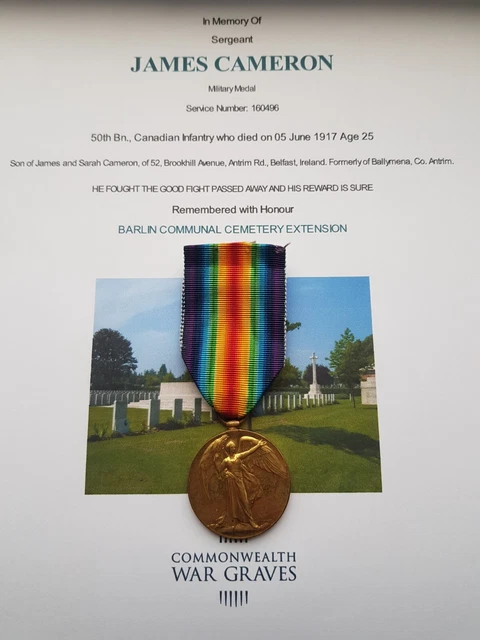 WW1 VICTORY MEDAL,SGT Cameron,Mm Winner,Kia,Canadian Infantry,Born ...