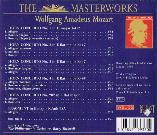 WOLFGANG AMADEUS MOZART The Masterworks Vol... 22 " Horn" Concertos 1 ...