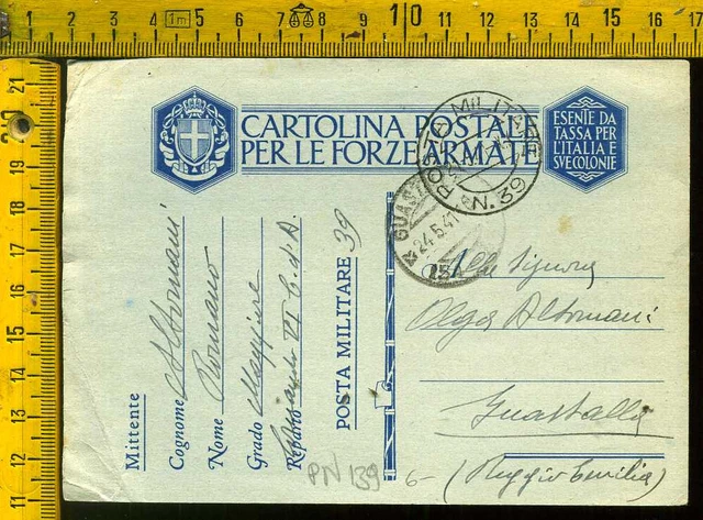 SECONDA GUERRA FRANCHIGIA Posta Militare 39 x Guastalla Reggio Emilia ...