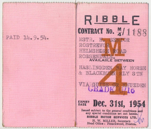 RIBBLE 1954 CONTRACT Bus ticket Blackburn Haslingden No Buyers fee ...