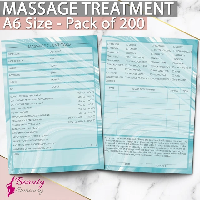 MASSAGE CLIENT RECORD Card Consultation Form PREMIUM Salon x200 £14.99 ...