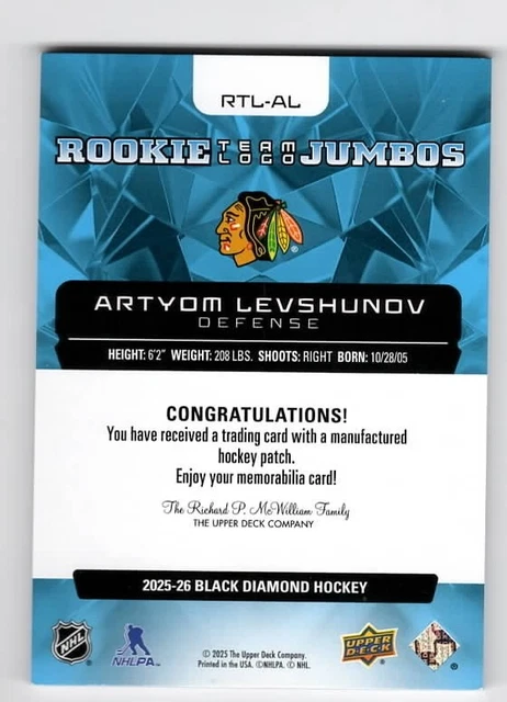 2025-26 BLACK DIAMOND Rookie Team Logo Jumbos Artyom Levshunov $60.00 ...