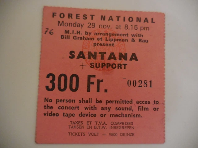 TICKET DE CONCERT de SANTANA 1976 BRUXELLES Forest National EUR 14,00 ...