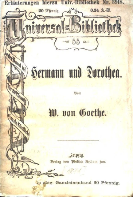 HERMANN UND DOROTHEA; Reclams Universal-Bibliothek ; Nr. 55 Goethe, Johann Wolfg EUR 5,15 ...