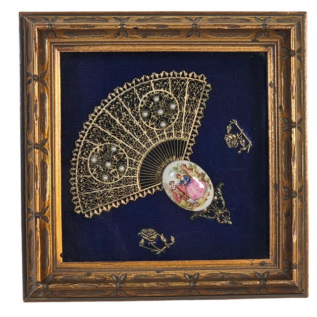 VTG FRAGONARD DECORATIVE Fan Shadow Box Framed Wall Art Metal Pearl ...