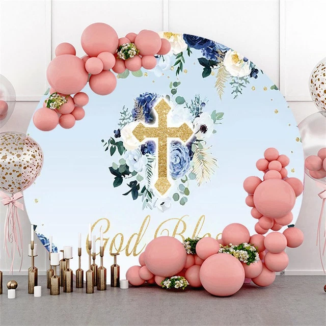 BLUE FLORAL GOLD God Bless Round Baby Shower Backdrop $37.87 - PicClick AU