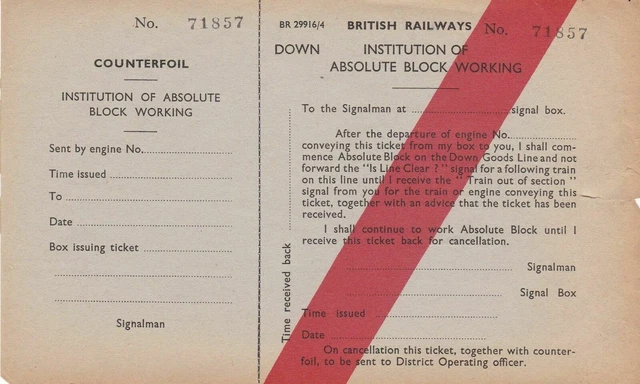BRITISH RAILWAYS DOWN Institution of Absolute Block Working Blank Form ...
