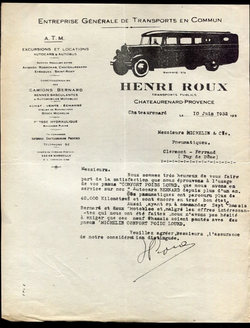 ANCIENNE FACTURE Car Bus Autobus Henri Roux à Chateaurenard / Michelin ...