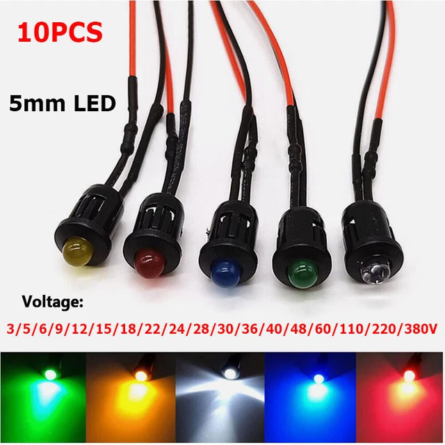 5MM LED BULB Prewired Light Emitting Diode 3V6V12V24V -380V With 8mm ...