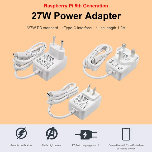 RASPBERRY PI 5TH Generation Power Adapter USB-C 27W Power 5V5A Full ...