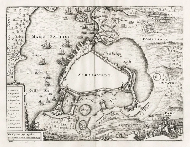 STRALSUND BELAGERUNG KARTE Plan map Kupferstich engraving Merian 1640 ...