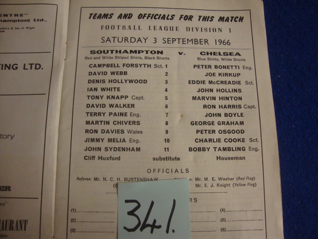 SOUTHAMPTON FOOTBALL CLUB V Chelsea Fc Programme Sept 1966 (341) £1.99 ...