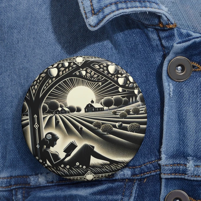 CUSTOM PIN BUTTON Badge Art Deco Apple Orchard Nostalgia Book Read ...