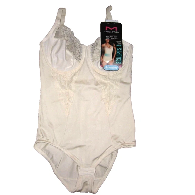 MAIDENFORM BODYSUIT 36D Buttercream Body Shaper Built-in Bra Ultra Firm ...
