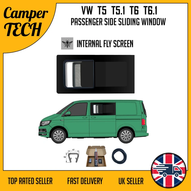 VW T5 TRANSPORTER L/H side sliding window with Fly-screen + Fit Kit & U ...