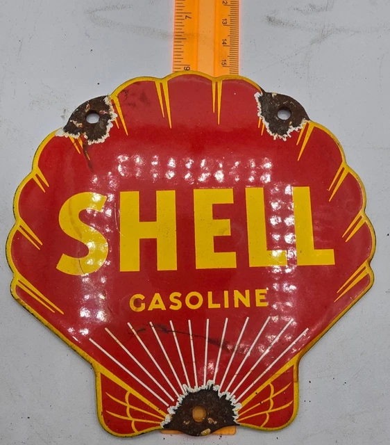VINTAGE GENUINE SUPER Shell Porcelain Sign Pump Plate Gas Station Oil ...
