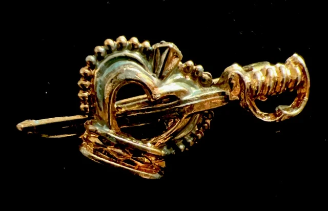 VINTAGE SWORD THROUGH A Crown Brooch Copper tone With Blue Enamel Paint ...