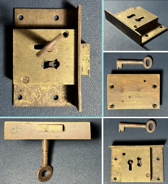 ANTIQUE GRANDFATHER LONGCASE Clock Brass Lock & Key Cabinet Maker Lever ...