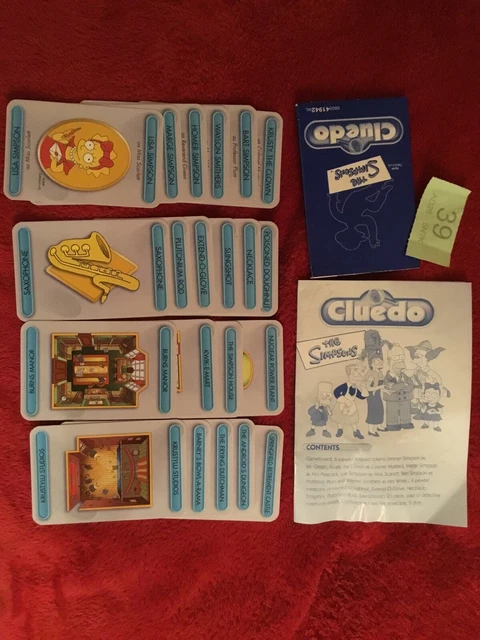 CLUEDO SIMPSONS SPARE APARTS~Full Set Of Cards And Envelope And Rules ...