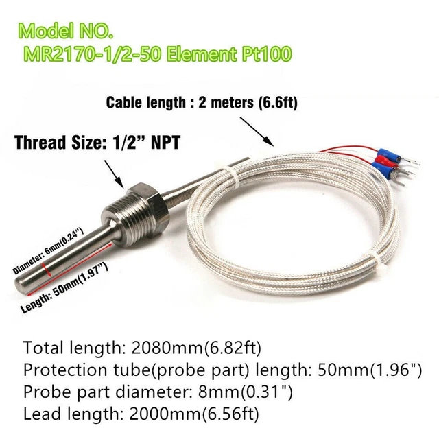 INDUSTRIAL GRADE PT100 Probe Sensor 50mm Length Insulated PT NPT Thread ...