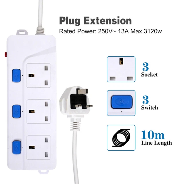 3 GANG WAY UK Mains Power Extension Leads with ON/OFF Electric Plug ...