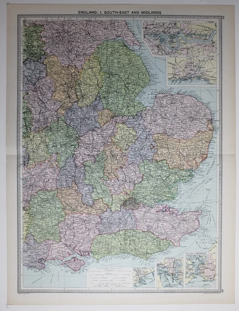 1920 LARGE MAP England South-East Midlands Dover Portsmouth Kent London ...