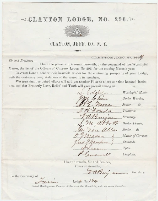 RARE DOCUMENT DE Loge Maçonnique - Clayton NY - 1859 Signé par des ...