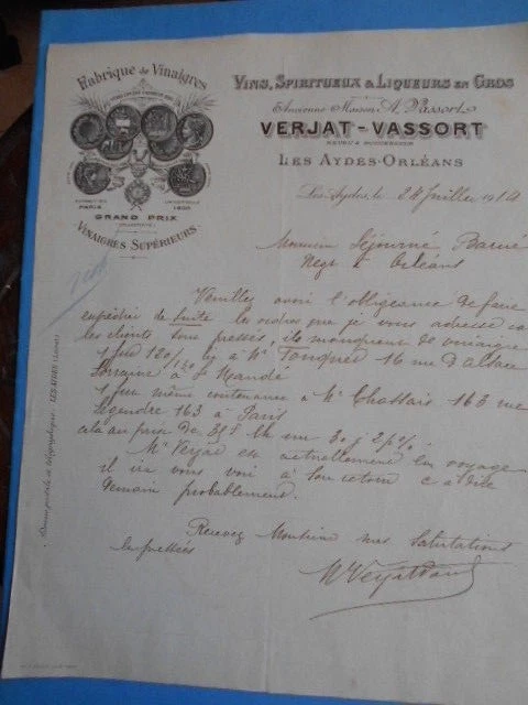 LETTRE ANC. : Verjat Vassort - Fabrique de Vinaigres - Les Aydes ...