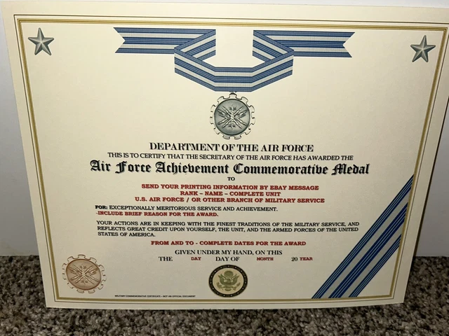 U.S. AIR FORCE Achievement Medal Commemorative Certificate ~ Type-2 / W ...