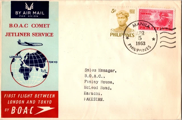 1953 PHILIPPINES MANILA Airmail BOAC FFC First Flight Cover to Karachi ...