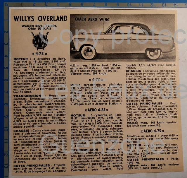 WILLYS OVERLAND COACH AERO WING automobile 1953 document photo cutout ...